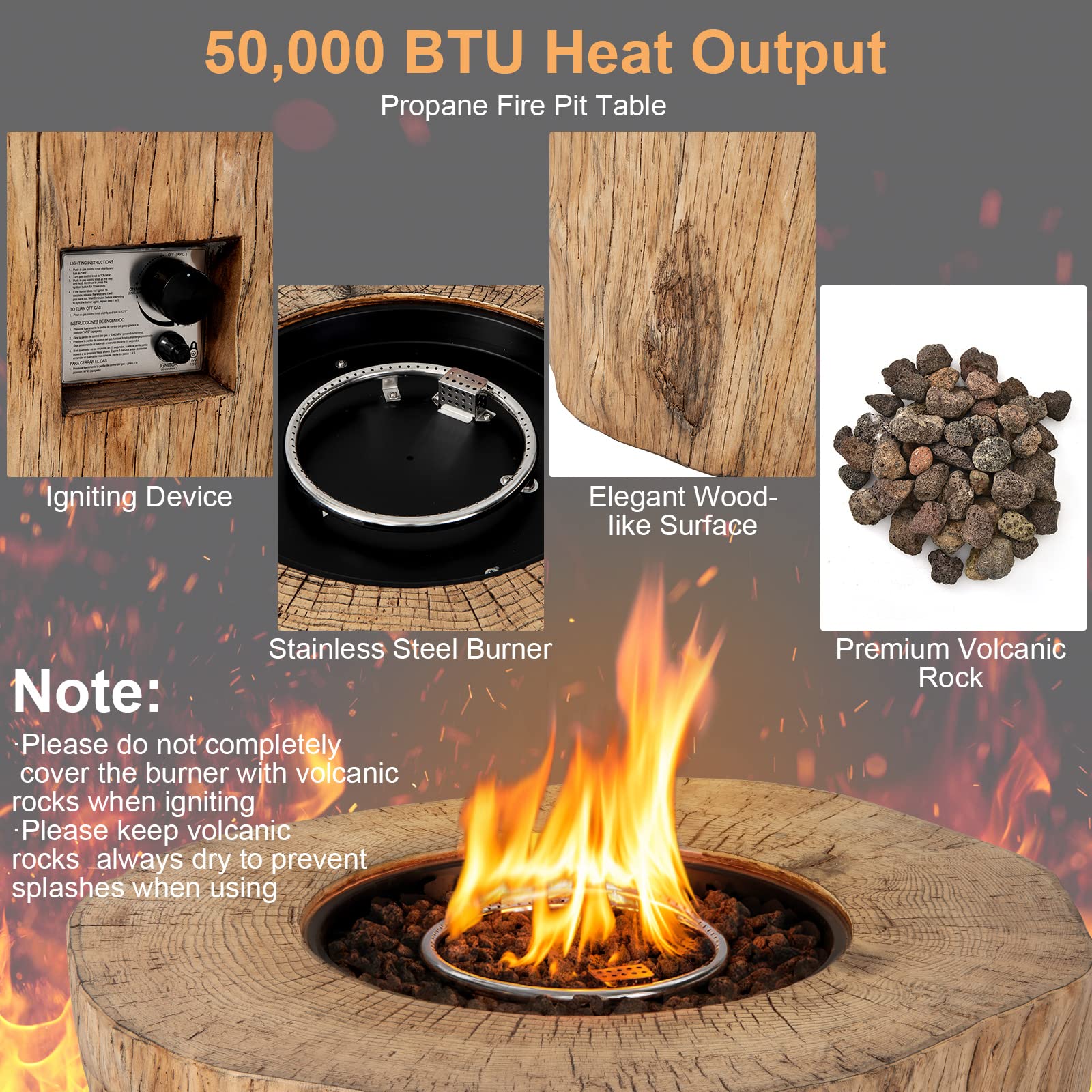 Tangkula 50,000 BTU Gas Fire Pit Table, Patiojoy 40β Round Propane Firepit with Removable Lid, Volcanic Rock & PVC Cover, Outdoor Fire Pit Table with Wood-Like Surface for Patio, Backyard