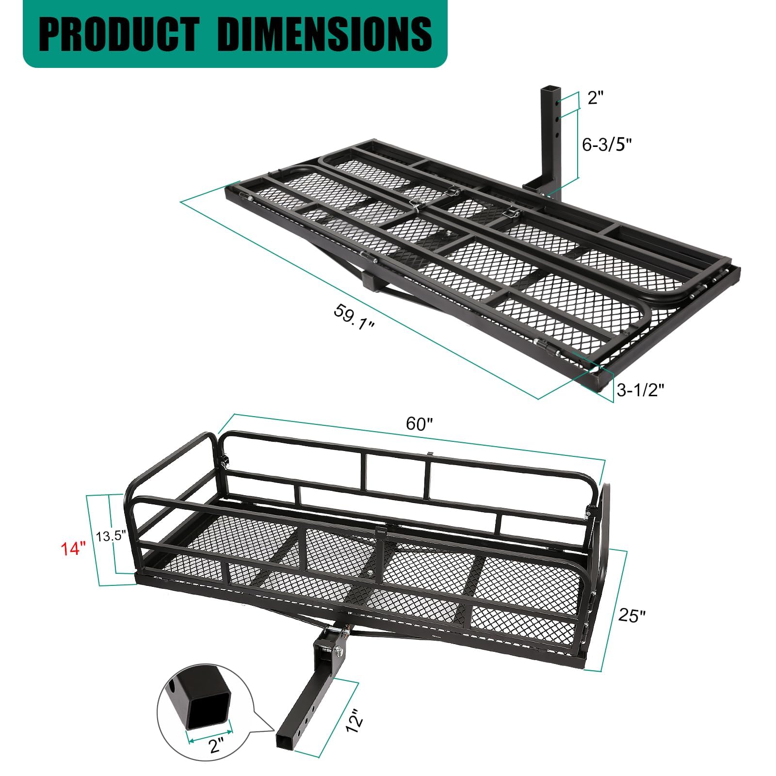 Trailer Hitch Cargo Rack, 60 x 24 x 14 Inch Folding Hitch Mount Cargo Carrier with High Side Rails for RV Truck SUV Van, 500 lbs. Capacity, 2" Receiver, Black