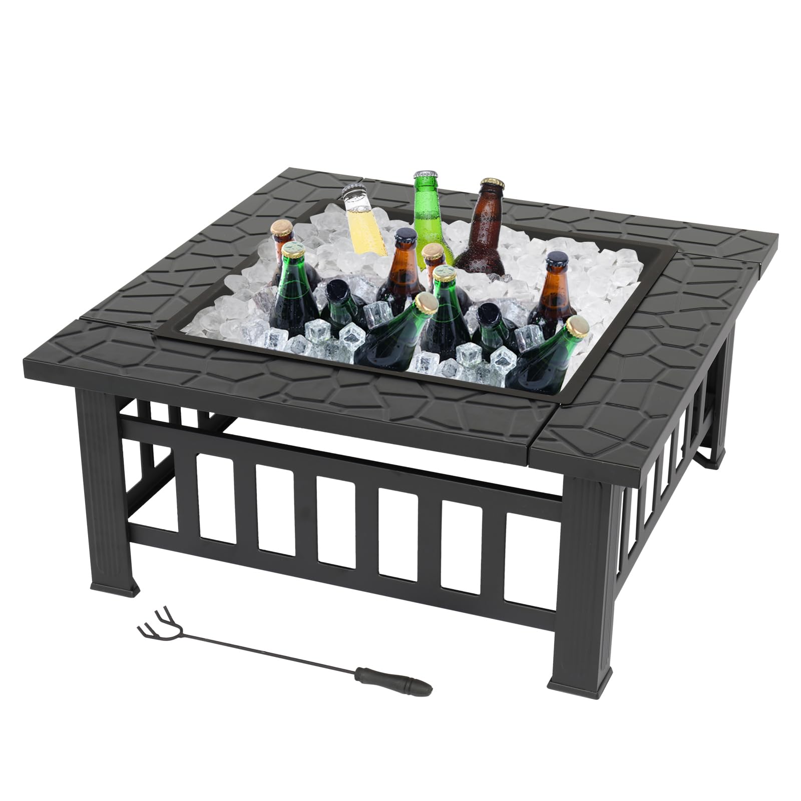 FCH 32" Outdoor Square Fire Pit with BBQ Rack, Rain Cover, Spark Screen Top and Poker Metal Firepit for Outside Backyard Patio Garden Terrace