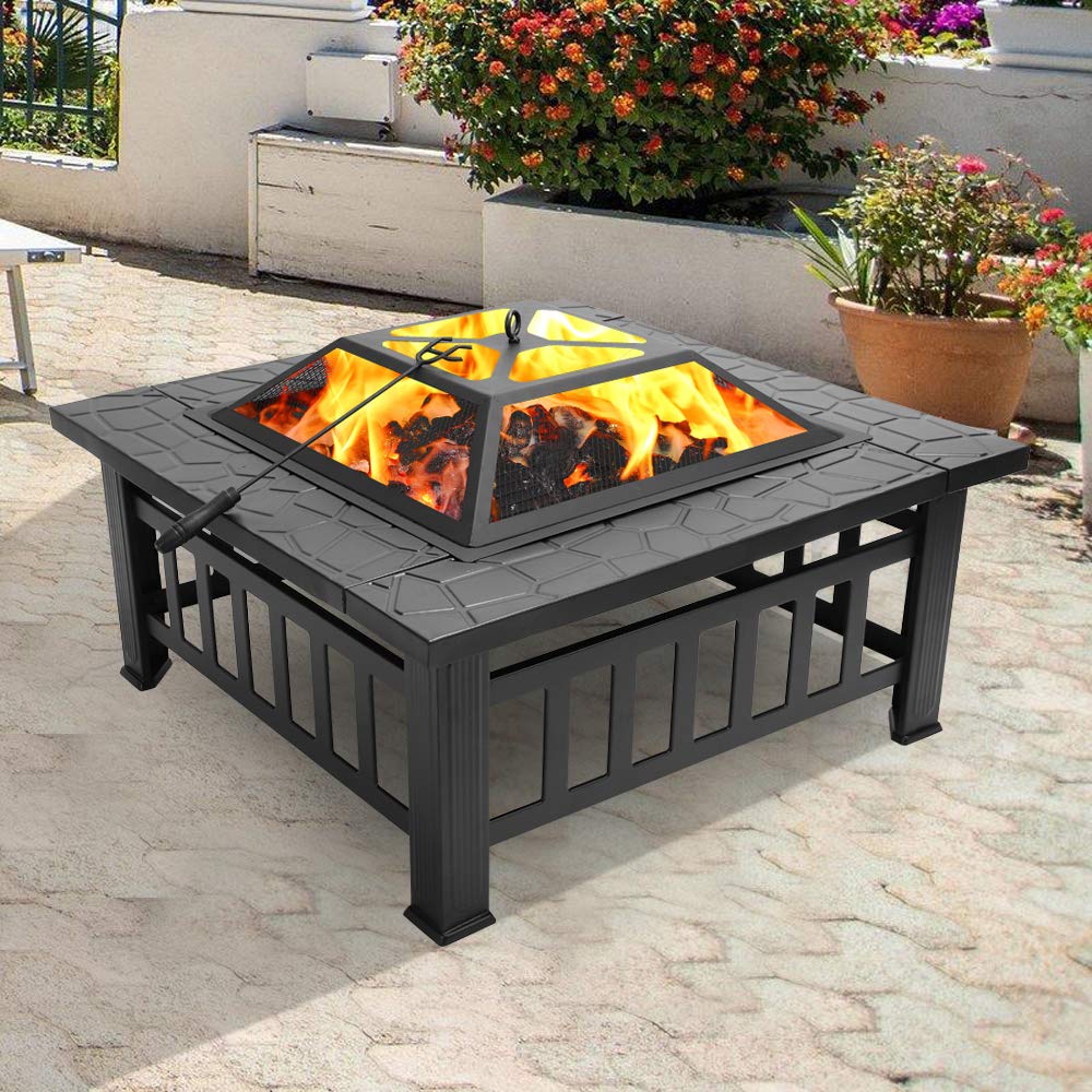 FCH 32" Outdoor Square Fire Pit with BBQ Rack, Rain Cover, Spark Screen Top and Poker Metal Firepit for Outside Backyard Patio Garden Terrace