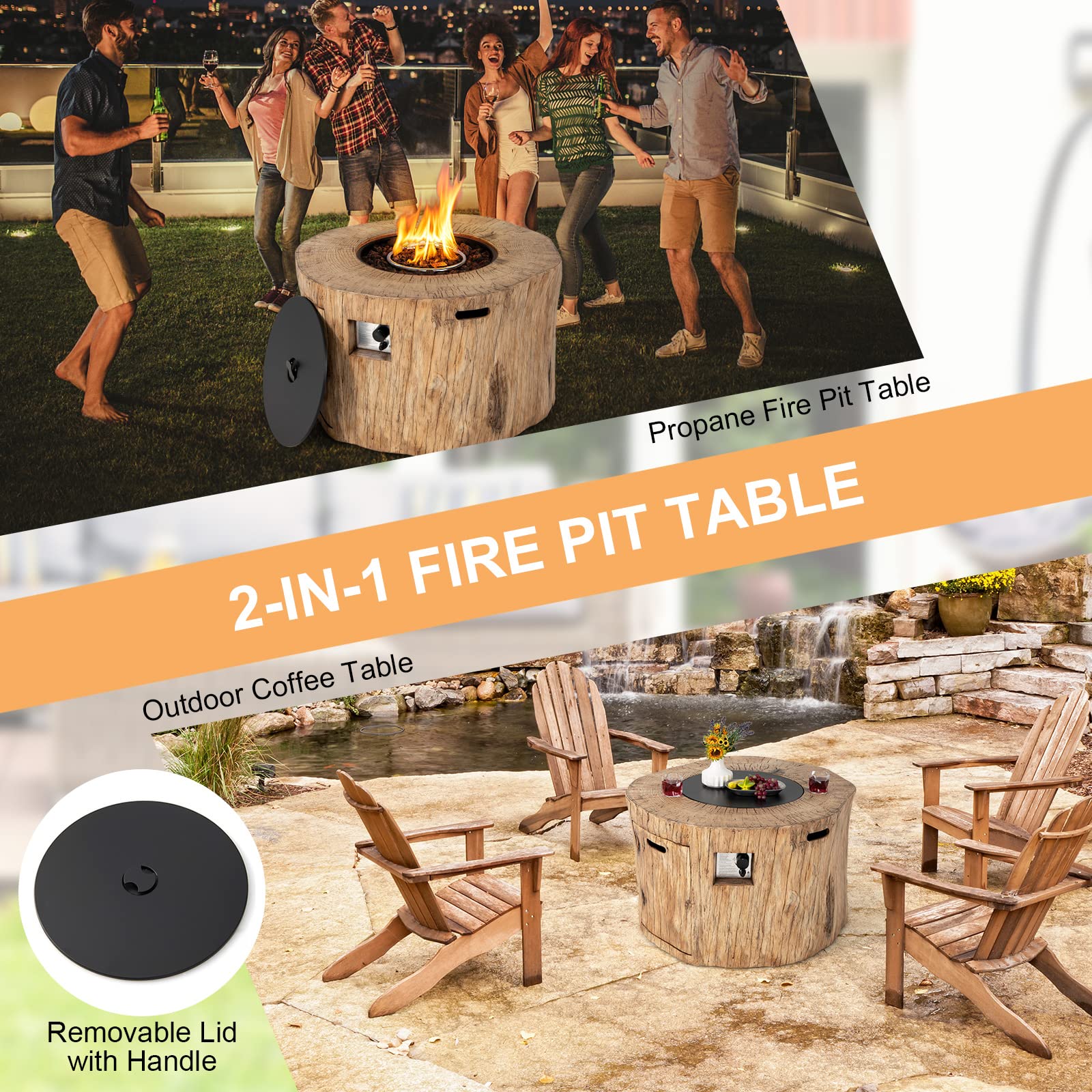 Tangkula 50,000 BTU Gas Fire Pit Table, Patiojoy 40β Round Propane Firepit with Removable Lid, Volcanic Rock & PVC Cover, Outdoor Fire Pit Table with Wood-Like Surface for Patio, Backyard