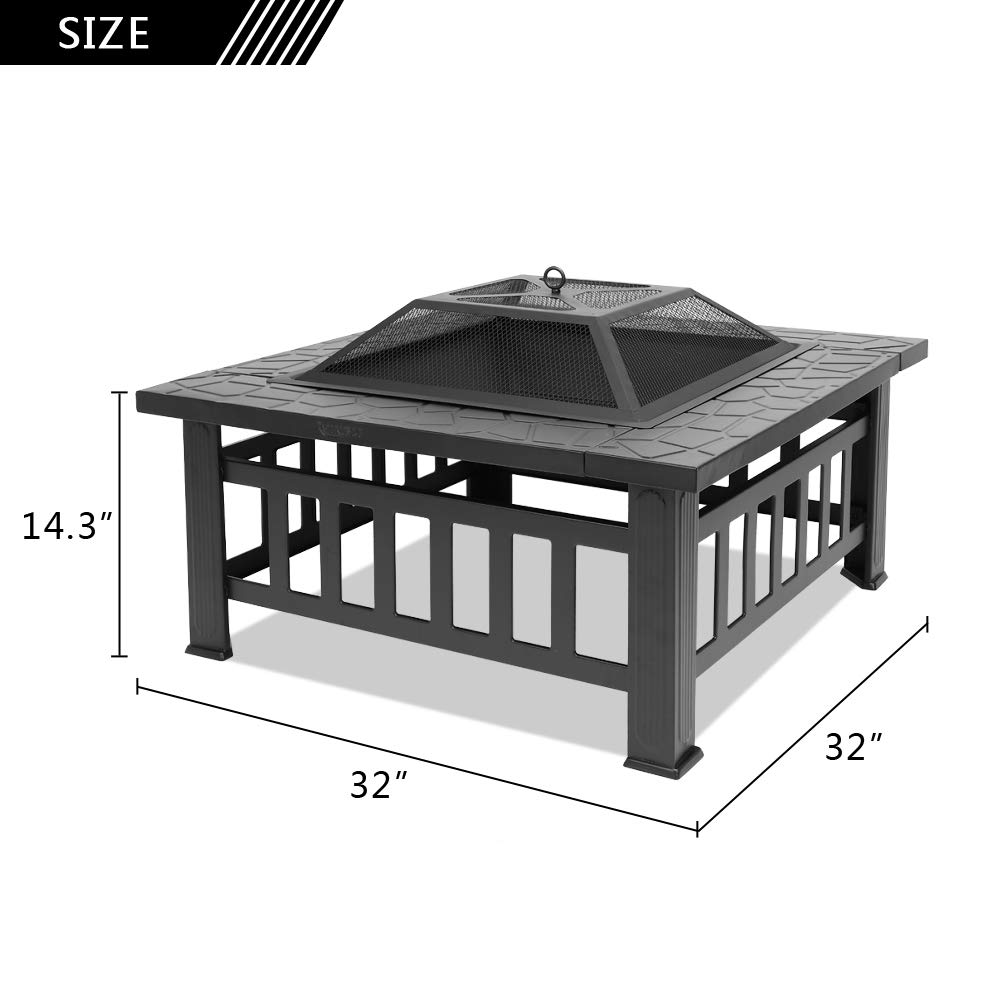 FCH 32" Outdoor Square Fire Pit with BBQ Rack, Rain Cover, Spark Screen Top and Poker Metal Firepit for Outside Backyard Patio Garden Terrace