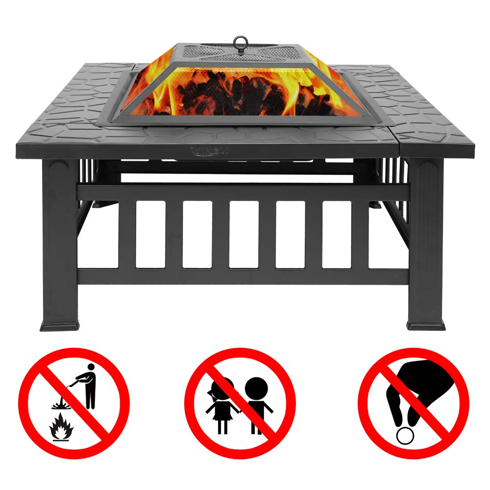 FCH 32" Outdoor Square Fire Pit with BBQ Rack, Rain Cover, Spark Screen Top and Poker Metal Firepit for Outside Backyard Patio Garden Terrace
