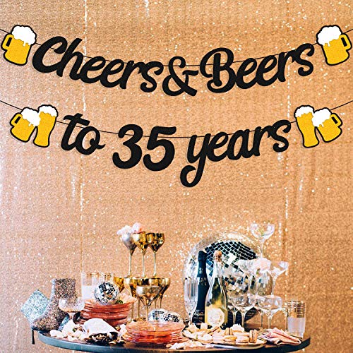 35th Birthday Decorations Cheers to 35 Years Banner for Men Women 35s Birthday Backdrop Wedding Anniversary Party Supplies Black Glitter Decorations Pre Strung