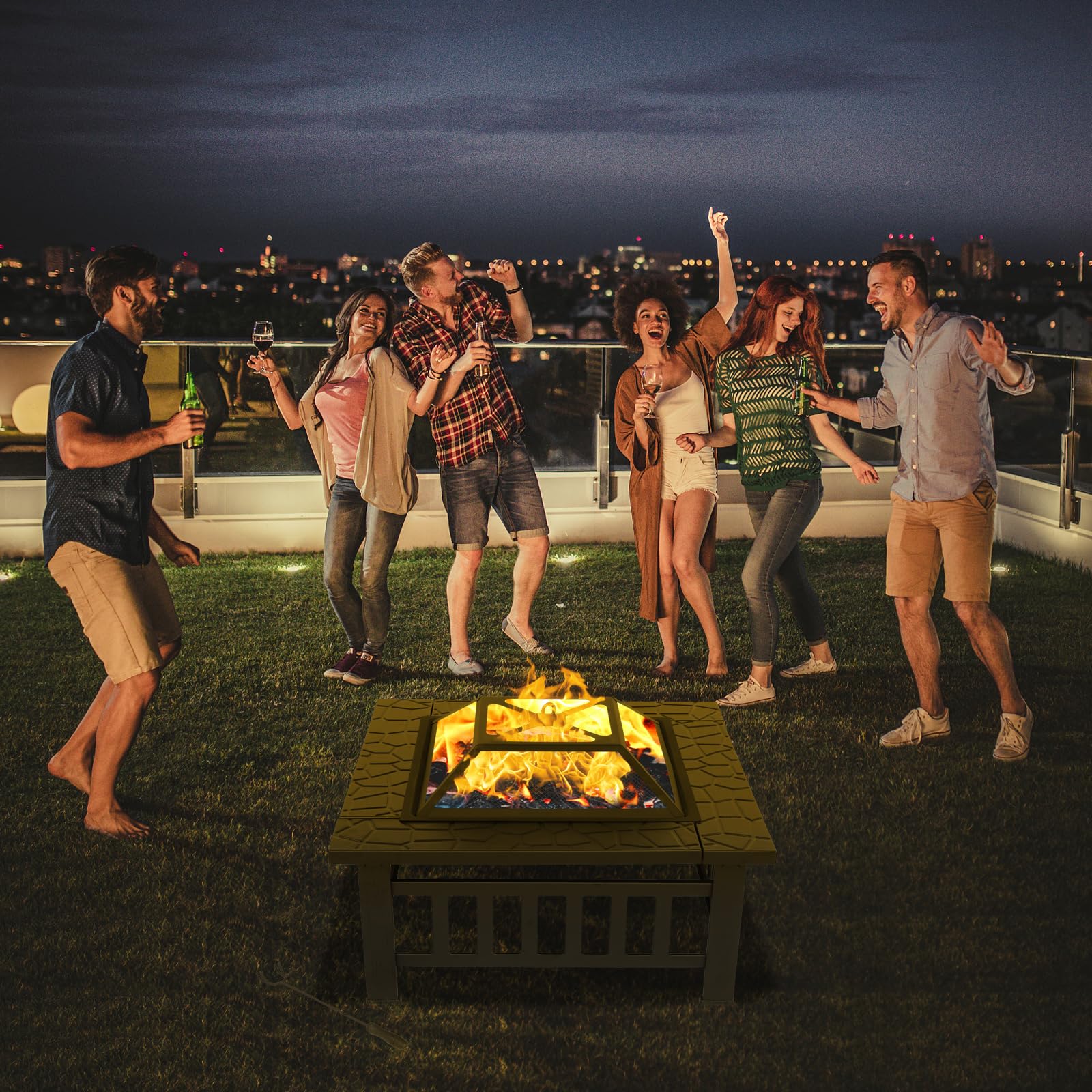 FCH 32" Outdoor Square Fire Pit with BBQ Rack, Rain Cover, Spark Screen Top and Poker Metal Firepit for Outside Backyard Patio Garden Terrace