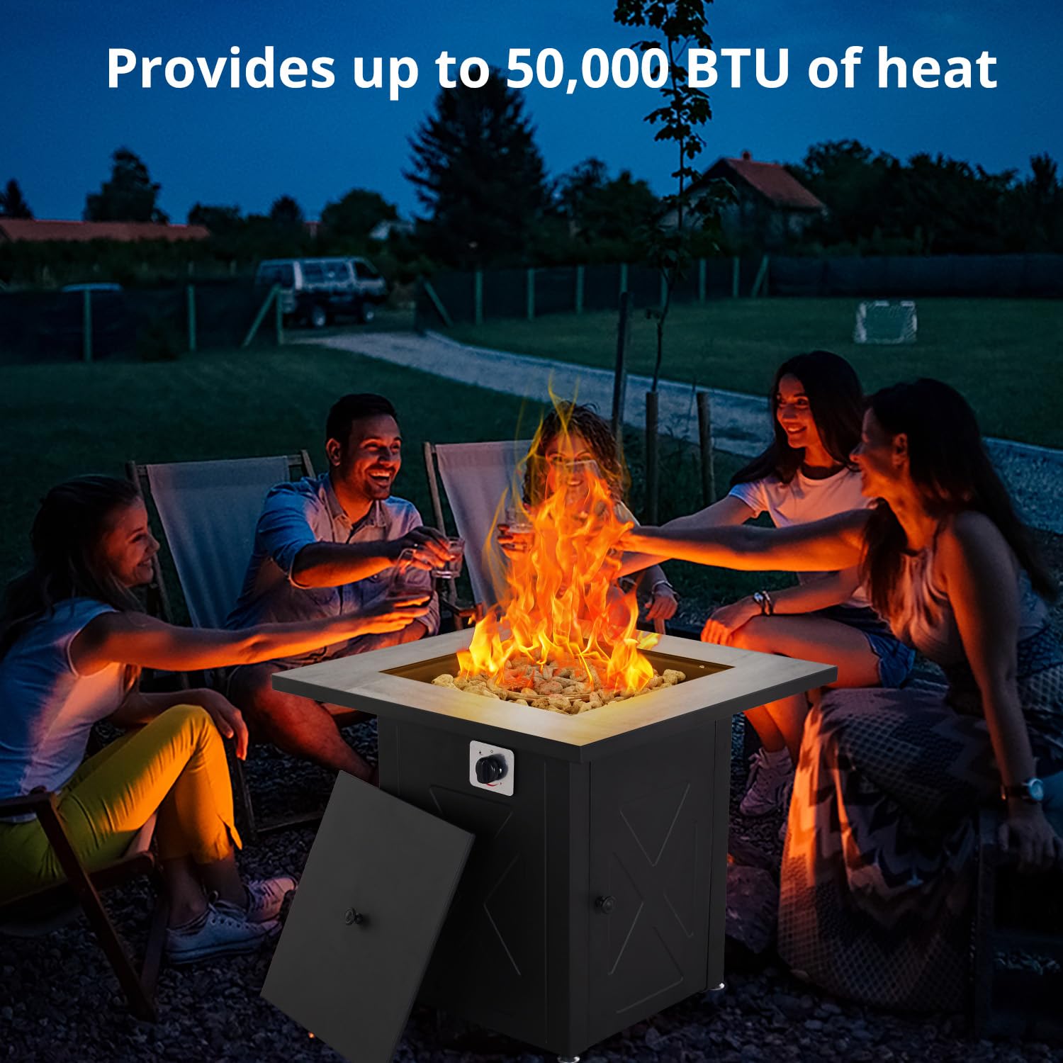 Fire Pit Table, Propane Firepit Outdoor Gas Fire Pits Clearance, 50,000 BTU with Metal Tabletop, Lid, Lava Rocks for Outside Patio, Garden, Deck, Yard