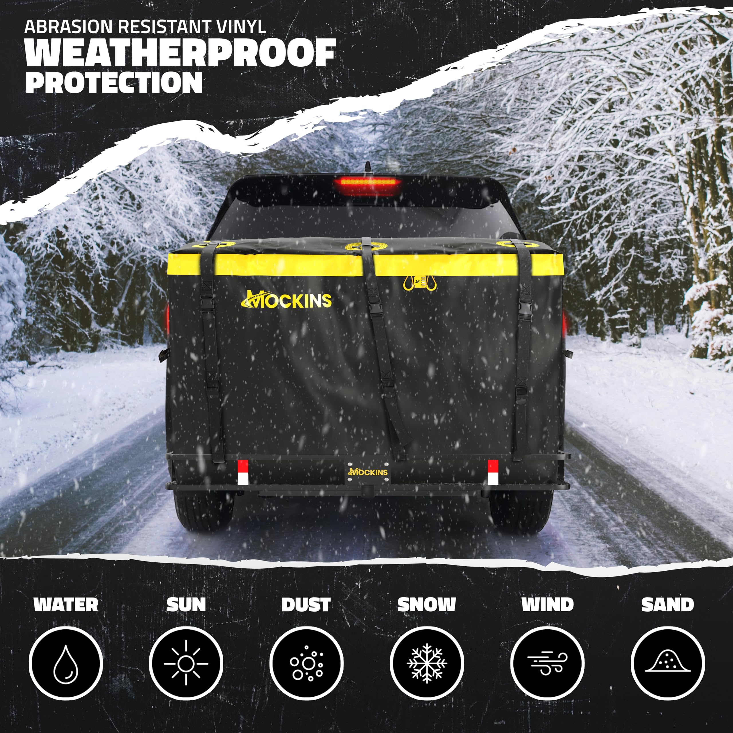 Mockins 30 Cu Ft Heavy Duty Trailer Hitch Cargo Carrier Bag | 60"x24"x36" Weatherproof Cargo Bag for Hitch Rack| Vinyl Vehicle Soft Shell Carriers w/Straps & Combo Lock | Waterproof Truck Bed Storage