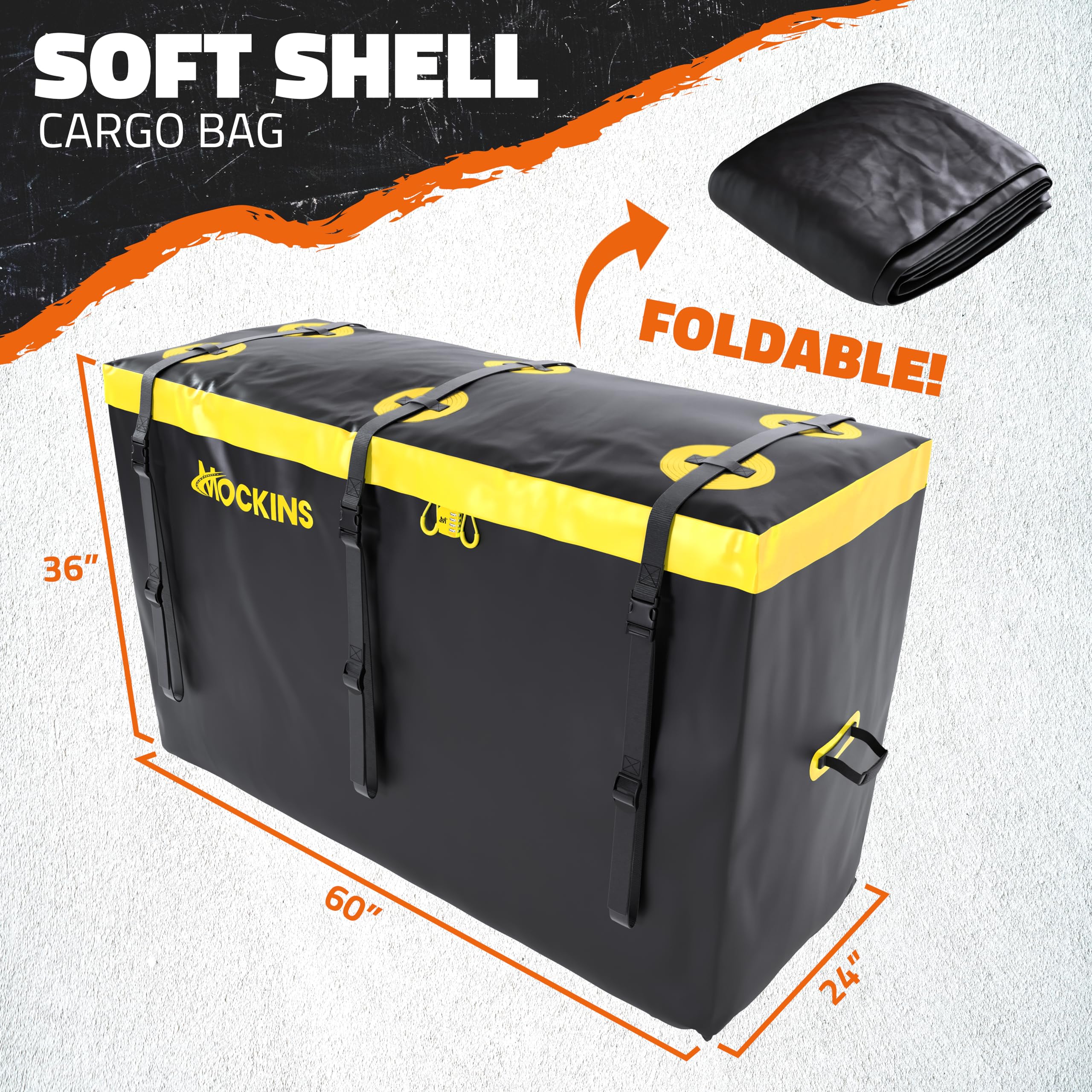 Mockins 30 Cu Ft Heavy Duty Trailer Hitch Cargo Carrier Bag | 60"x24"x36" Weatherproof Cargo Bag for Hitch Rack| Vinyl Vehicle Soft Shell Carriers w/Straps & Combo Lock | Waterproof Truck Bed Storage