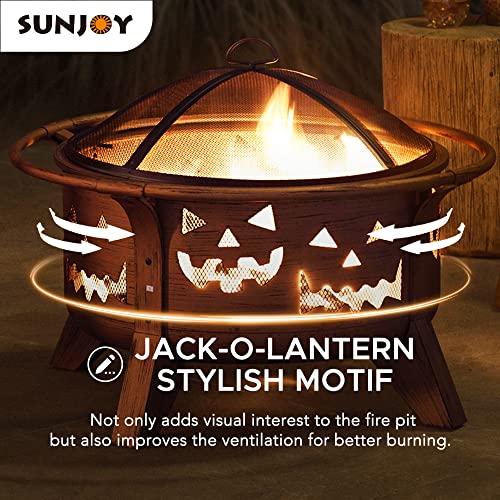 Sunjoy Fire Pit 30 in. Outdoor Wood-Burning Fire Pit, Patio Jack-o-Lantern Motif Round Steel Firepit Large Fire Pits for Outside with Spark Screen and Poker