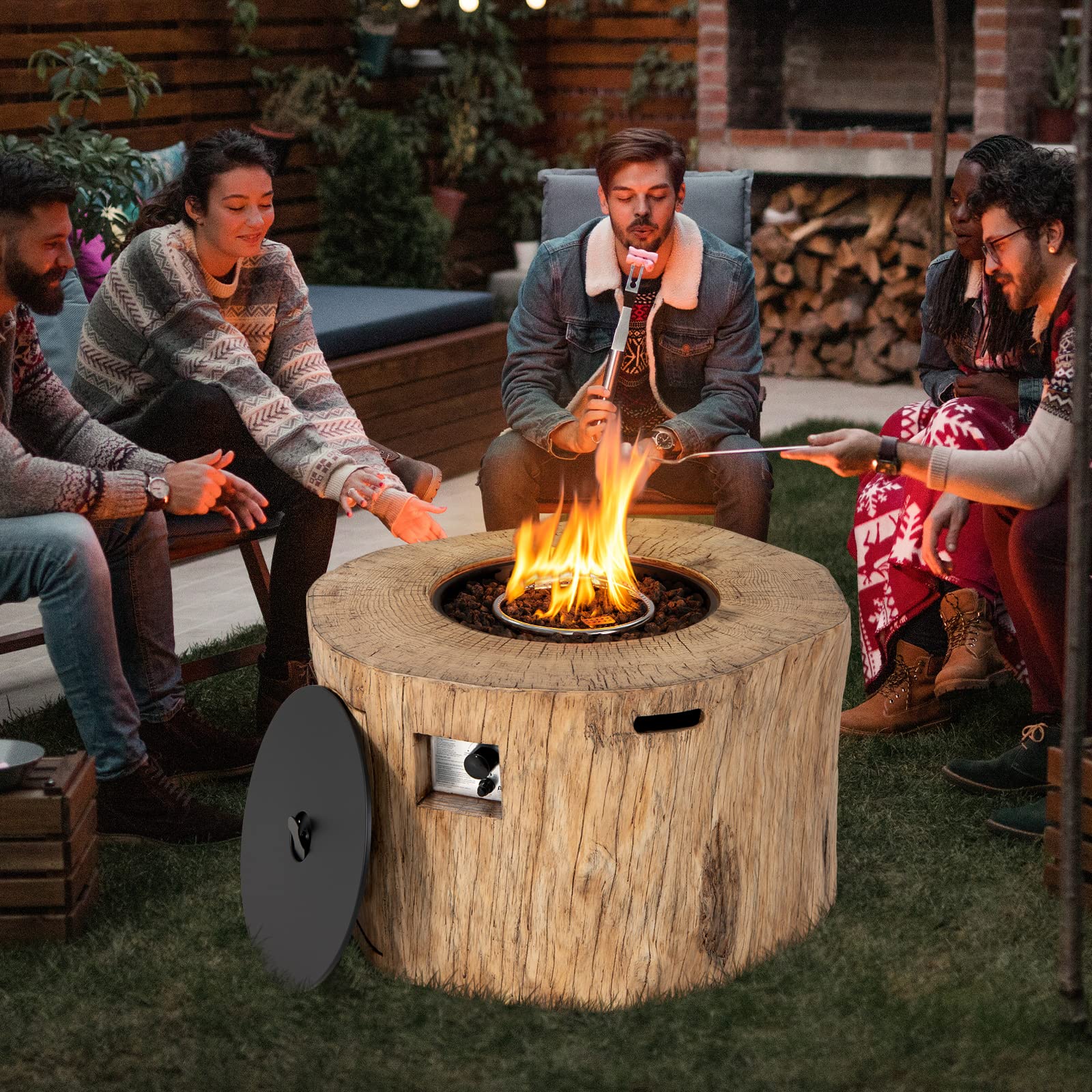 Tangkula 50,000 BTU Gas Fire Pit Table, Patiojoy 40β Round Propane Firepit with Removable Lid, Volcanic Rock & PVC Cover, Outdoor Fire Pit Table with Wood-Like Surface for Patio, Backyard