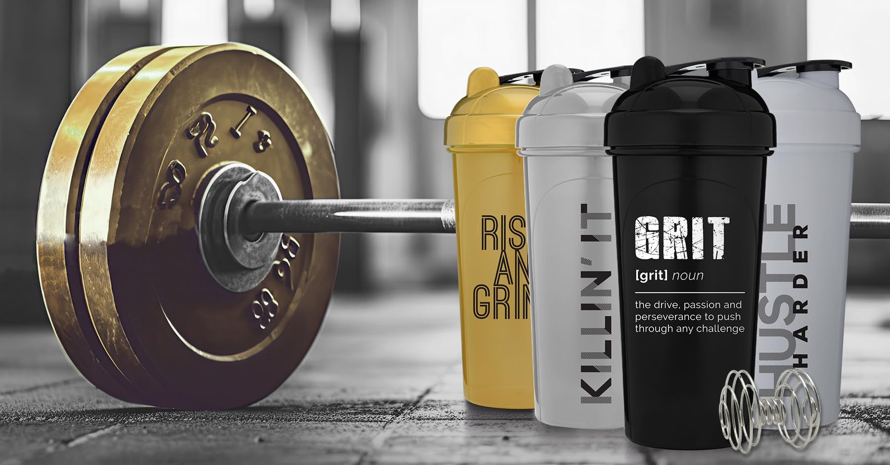 [4 Pack] 28oz Protein Shaker Bottle with Motivational Quotes (Black, White, Silver, Gold) |Shaker Cup with 4x Wire Mixers | Shaker for Protein Mixes Pack is BPA Free, Leak Proof and Dishwasher Safe