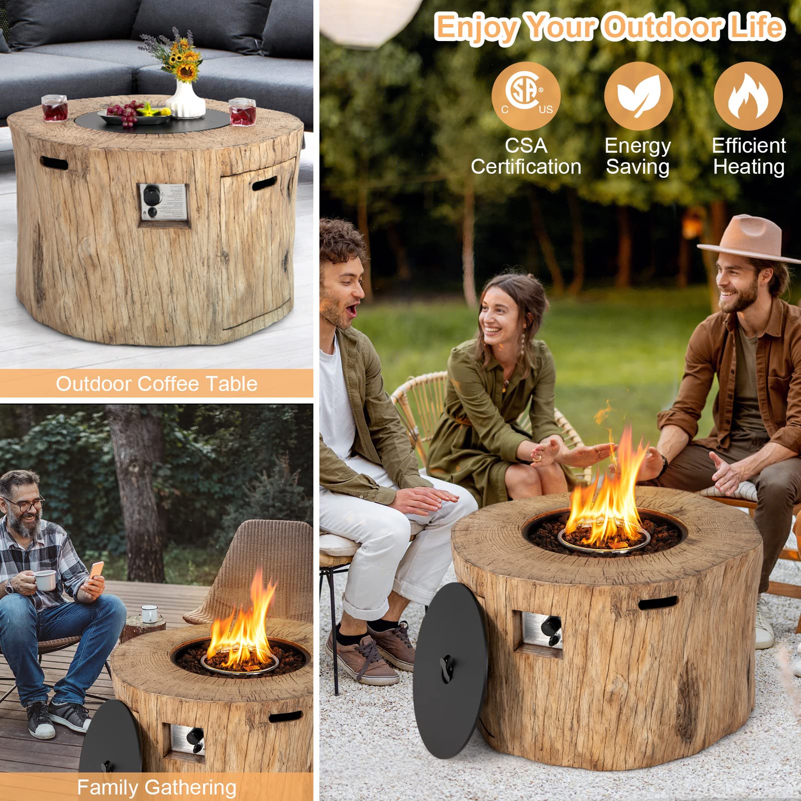 Tangkula 50,000 BTU Gas Fire Pit Table, Patiojoy 40β Round Propane Firepit with Removable Lid, Volcanic Rock & PVC Cover, Outdoor Fire Pit Table with Wood-Like Surface for Patio, Backyard