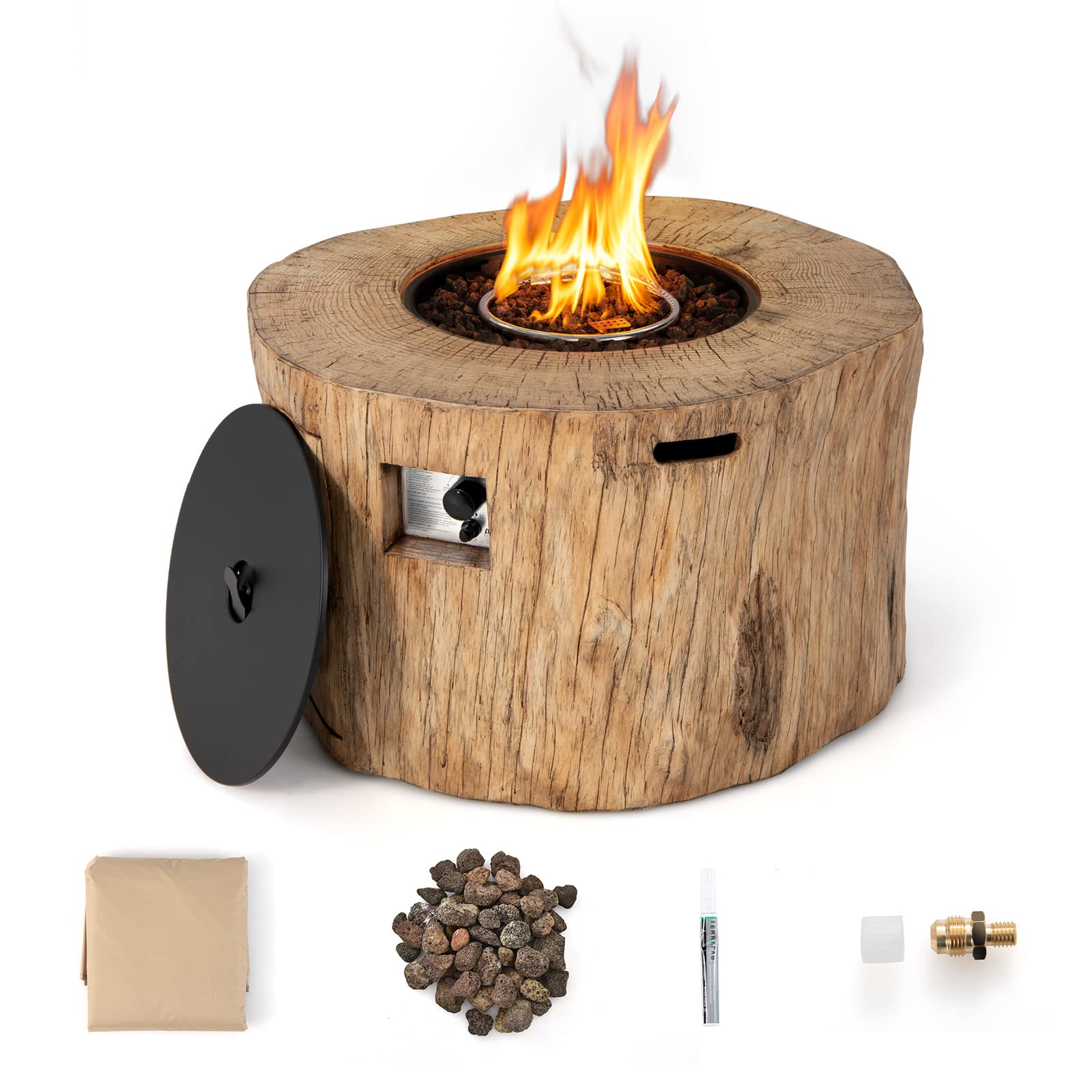 Tangkula 50,000 BTU Gas Fire Pit Table, Patiojoy 40” Round Propane Firepit with Removable Lid, Volcanic Rock & PVC Cover, Outdoor Fire Pit Table with Wood-Like Surface for Patio, Backyard
