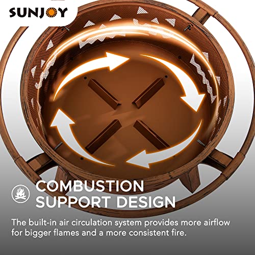 Sunjoy Fire Pit 30 in. Outdoor Wood-Burning Fire Pit, Patio Jack-o-Lantern Motif Round Steel Firepit Large Fire Pits for Outside with Spark Screen and Poker