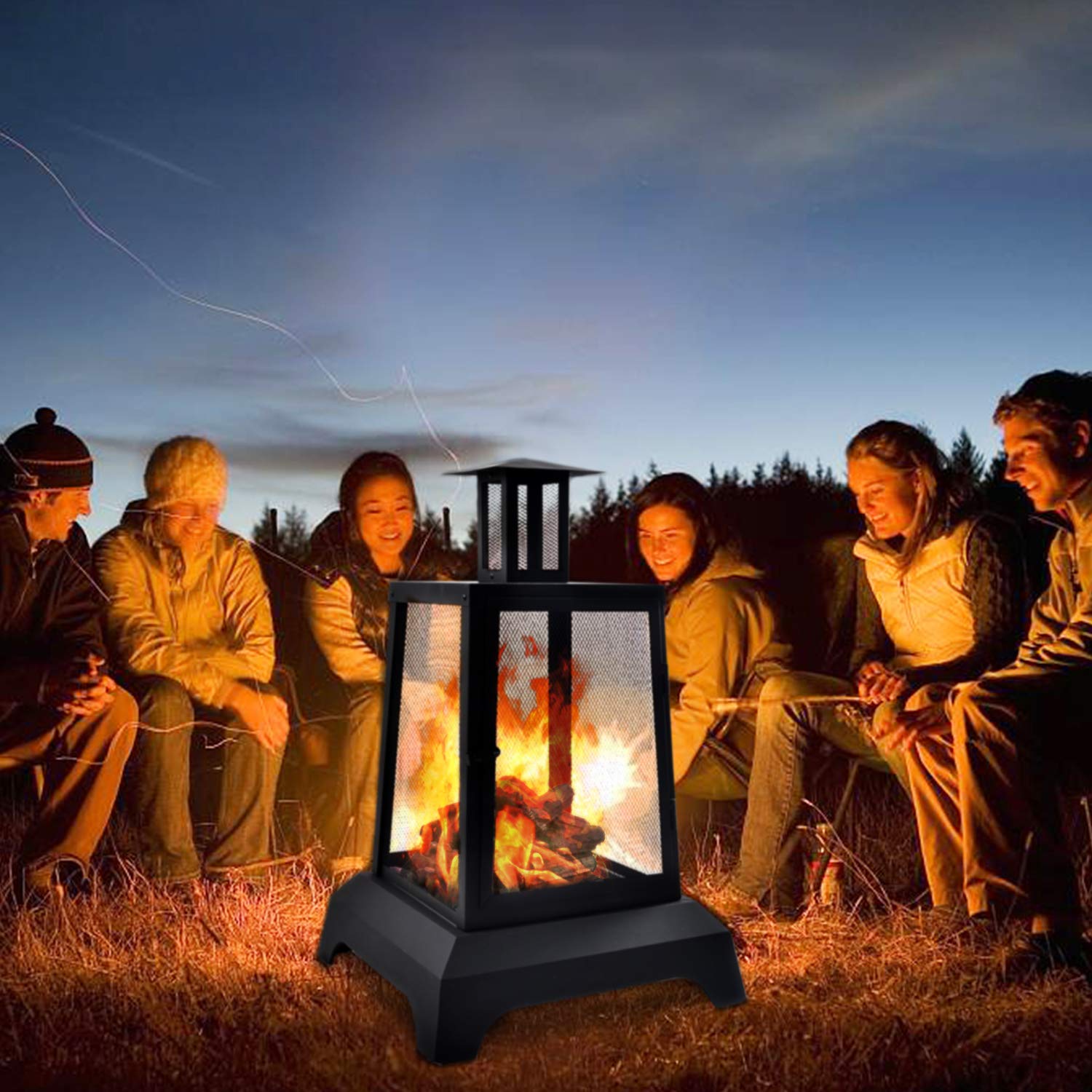 Large Fire Pits Wood Burning 44'' High Chimineas Fire Pit Steel Big Outdoor Pagoda Style Firepits Bowl with Mesh Spark Screen Modern Firepits for Camping,Backyard,Party…