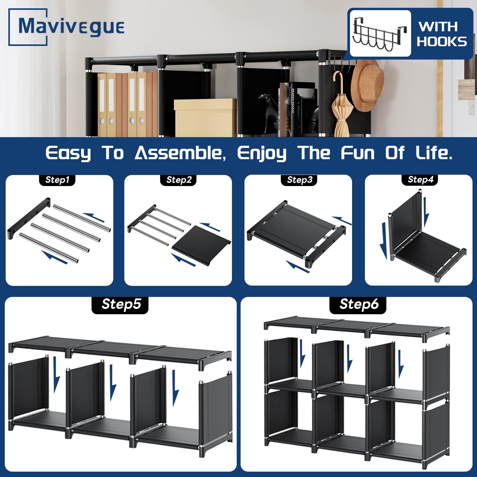 Mavivegue Book Shelf, 9+12+16+18 Cube Storage Organizer, DIY Bookcase, Metal Cube Bookshelf, Tall Book case for Bedroom, Living Room,Office, Closet Storage Organizer, Black Cubicle Storage Rack-Black