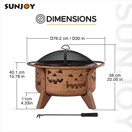 Sunjoy Fire Pit 30 in. Outdoor Wood-Burning Fire Pit, Patio Jack-o-Lantern Motif Round Steel Firepit Large Fire Pits for Outside with Spark Screen and Poker