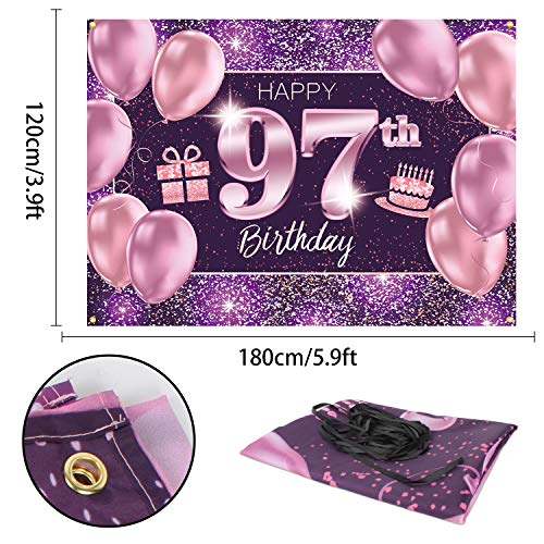 PAKBOOM Happy 97th Birthday Banner Backdrop - 97 Birthday Party Decorations Supplies for Women - Pink Purple Gold 4 x 6ft