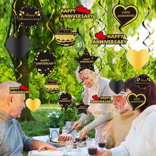 Kauayurk 27Pcs Happy Anniversary Hanging Swirl Decorations - Black Gold Happy Wedding Anniversary Party Swirl Ceiling Backdrop Supplies - Wedding Anniversary Hanging Decor Sign