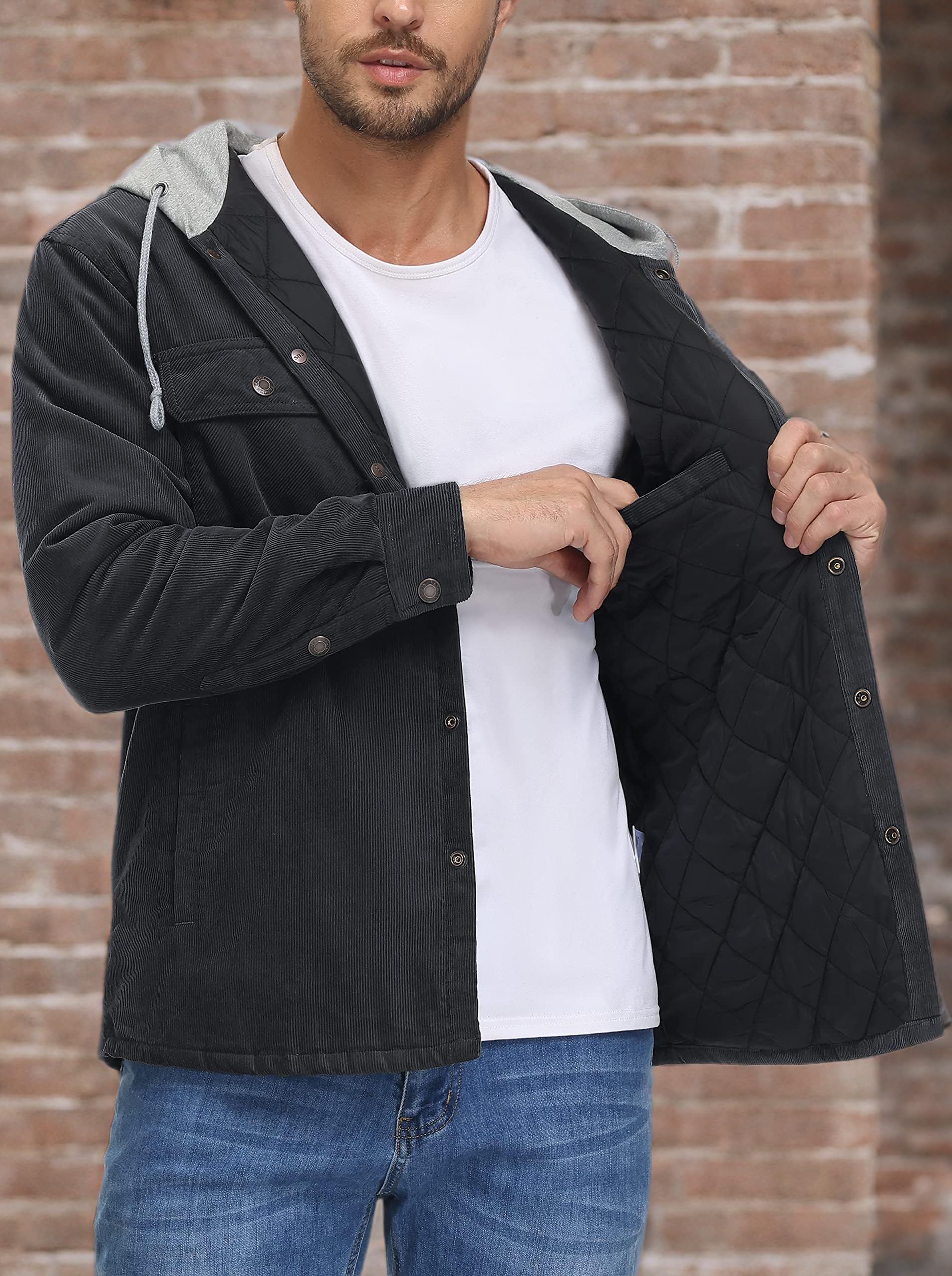 MAGCOMSEN Men's Corduroy Jacket Hoodies Quilted Lined Button-Down Casual Shirt Jackets Cotton Warm Winter Coat 5 Pockets