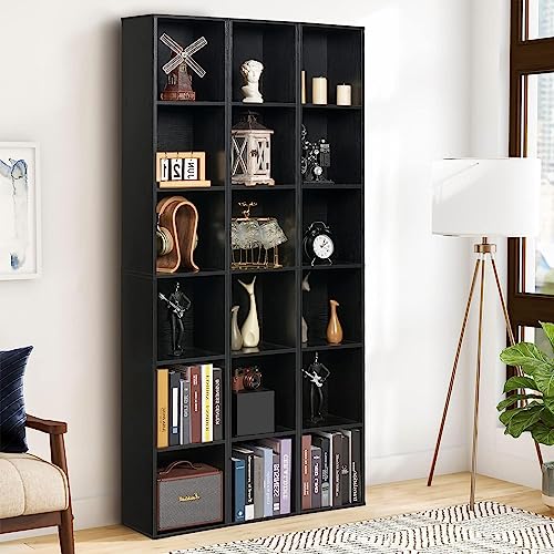 MIN WIN 6-Tier Wooden Tall Narrow Open Bookcase and Bookshelves, 68.5" Modern Freestanding Cube Display Storage Organizer Shelf, Corner Bookcase Narrow Bookshelf with Storage Space, Black