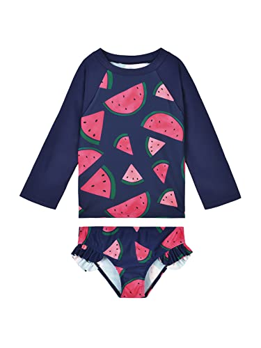 Girls Two Piece Swimsuits Baby Girls Long Sleeve Tankini Girls Rash Guard Set UPF 50+ Toddler Bathing Suit Swimwear Navy Watermelon 2-3T