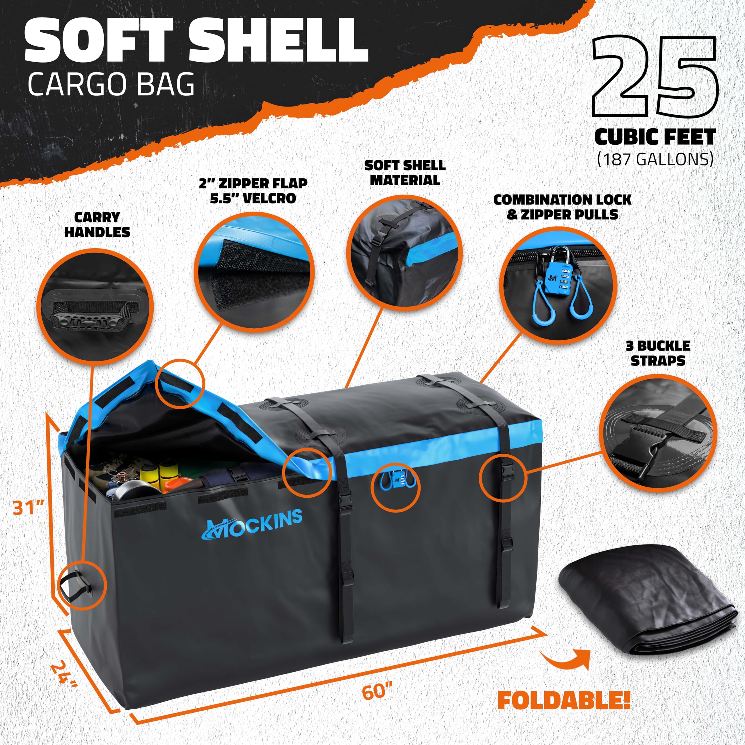 Mockins 60"x24"x6" Folding Trailer Hitch Cargo Carrier w/ 25 CuFt. Soft Vinyl Waterproof Cargo Bag | 500 Lbs. Capacity Car Carrier Cargo Rack & Car Bag Set | Waterproof Truck Bed Storage Accessories