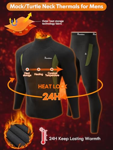 romision Turtle Neck Long Johns Thermal Underwear for Men Fleece Base Layer Cold Weather Top and Bottom Set Hunting Gear