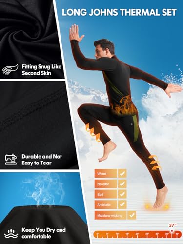 romision Turtle Neck Long Johns Thermal Underwear for Men Fleece Base Layer Cold Weather Top and Bottom Set Hunting Gear