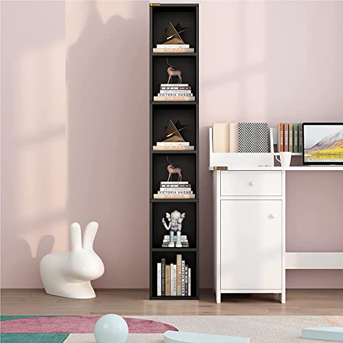 MIN WIN 6-Tier Wooden Tall Narrow Open Bookcase and Bookshelves, 68.5" Modern Freestanding Cube Display Storage Organizer Shelf, Corner Bookcase Narrow Bookshelf with Storage Space, Black