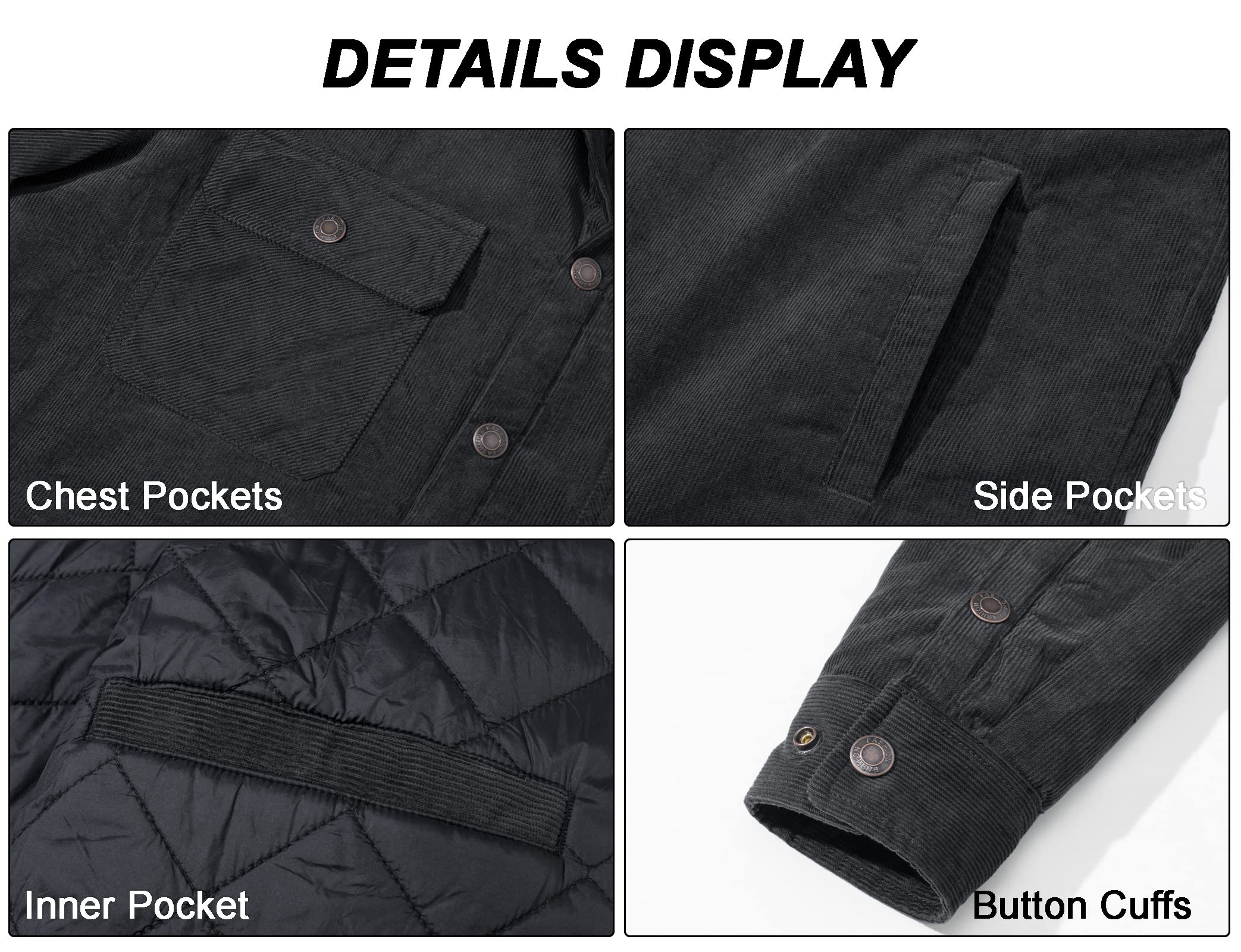 MAGCOMSEN Men's Corduroy Jacket Hoodies Quilted Lined Button-Down Casual Shirt Jackets Cotton Warm Winter Coat 5 Pockets
