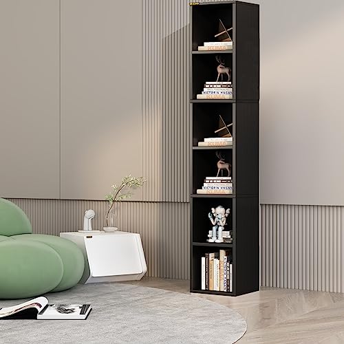 MIN WIN 6-Tier Wooden Tall Narrow Open Bookcase and Bookshelves, 68.5" Modern Freestanding Cube Display Storage Organizer Shelf, Corner Bookcase Narrow Bookshelf with Storage Space, Black