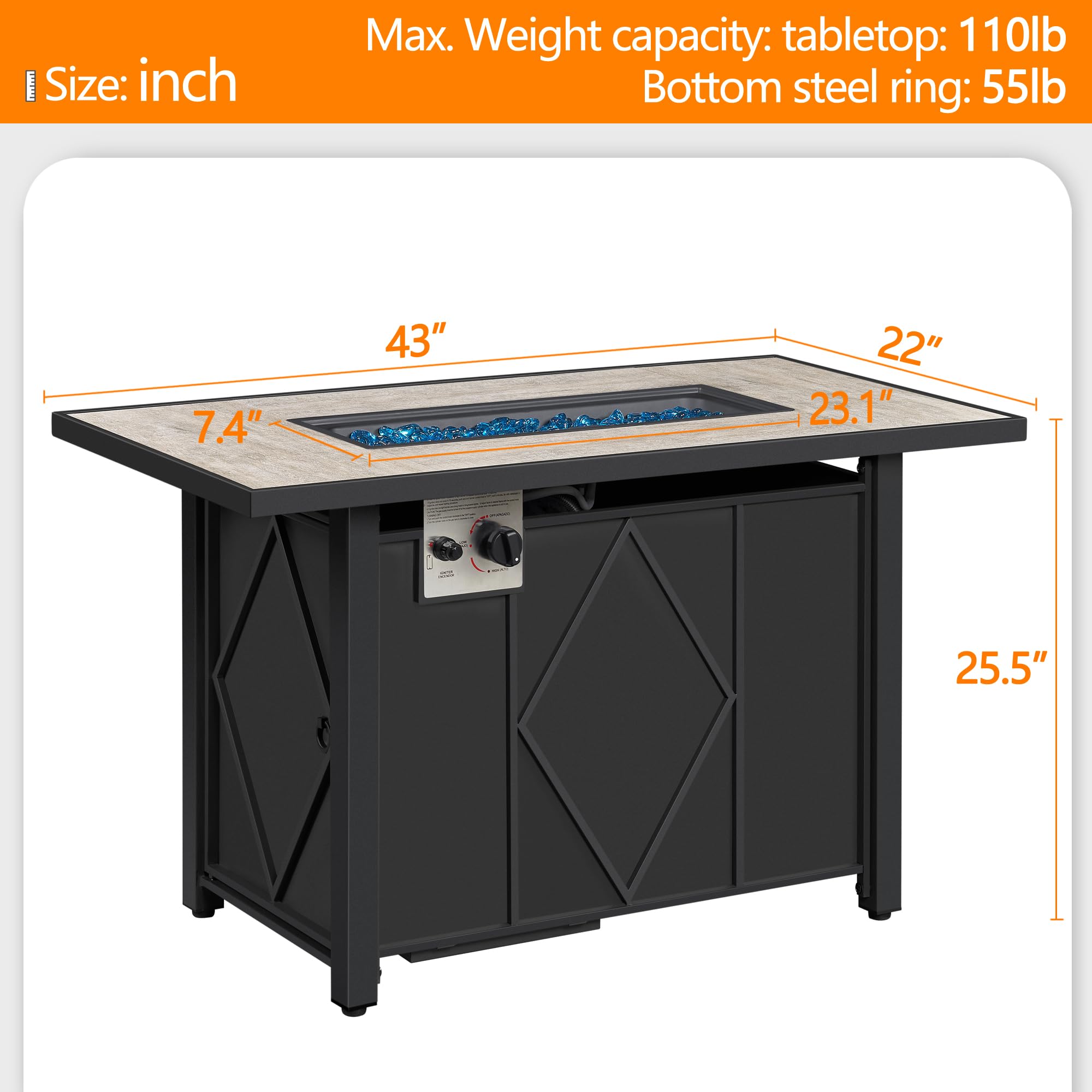 Yaheetech Propane Fire Pit 43in, Rectangle Propane Fire Pit Table 50,000 BTU Firepit with Ceramic Tabletop & Steel Base, Glass Fire Stones & Water-Resistant Cover for Outside