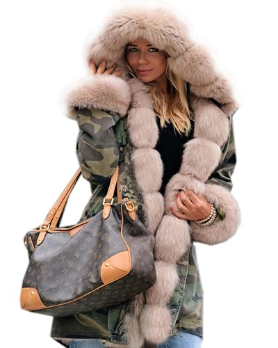 Roiii Women Military Winter Casual Outdoor Coat Hoodie Jacket Long Trench Par Amry Green X-Large / 12