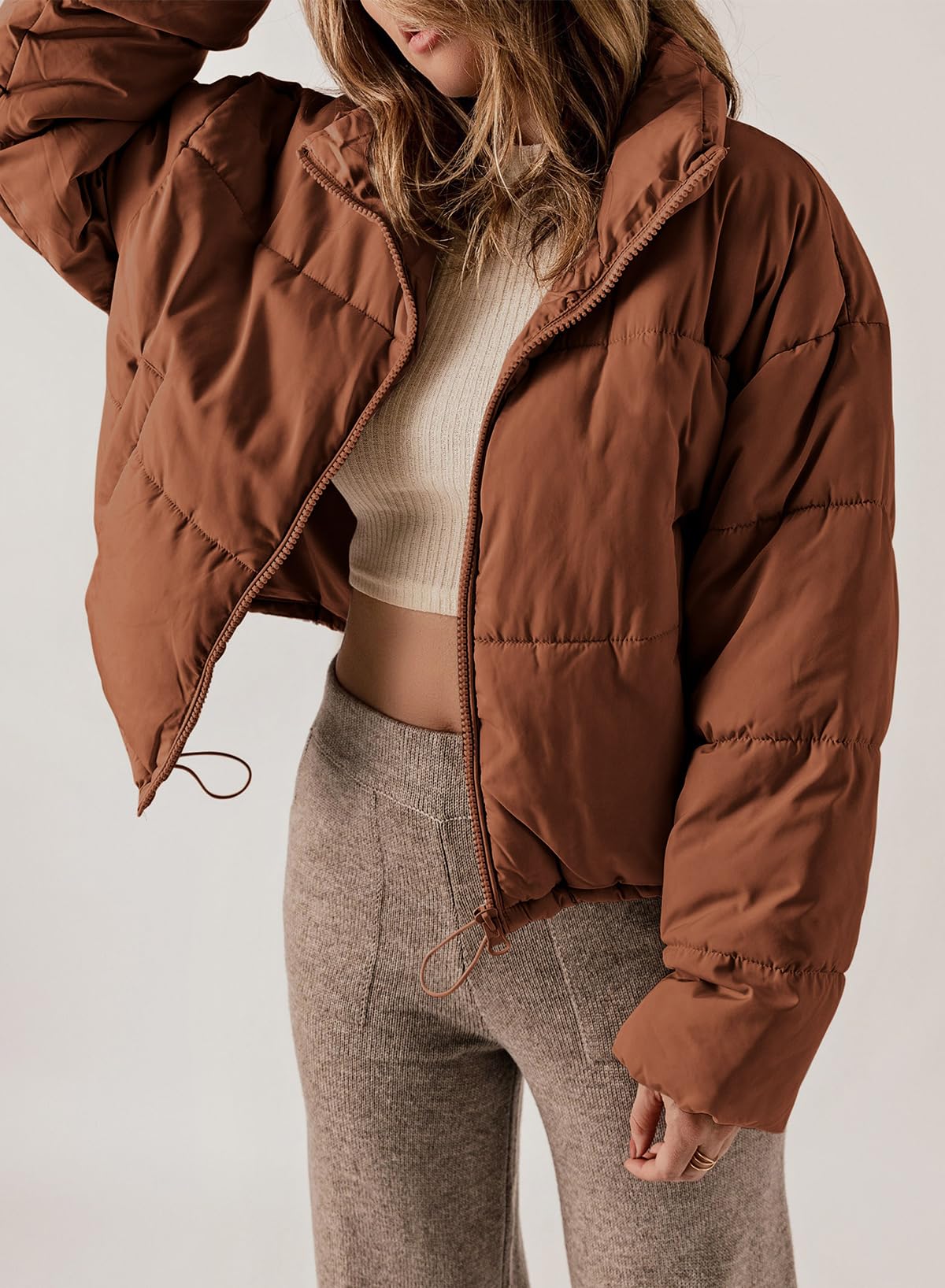 Dokotoo Womens Winter Coats Windbreaker Oversized Full Zipper Front Drawstring Hem Bomber Puffer Jacket Baggy Short Down Coats for Women Warm Comfy Outerwear with Pockets Small Orange
