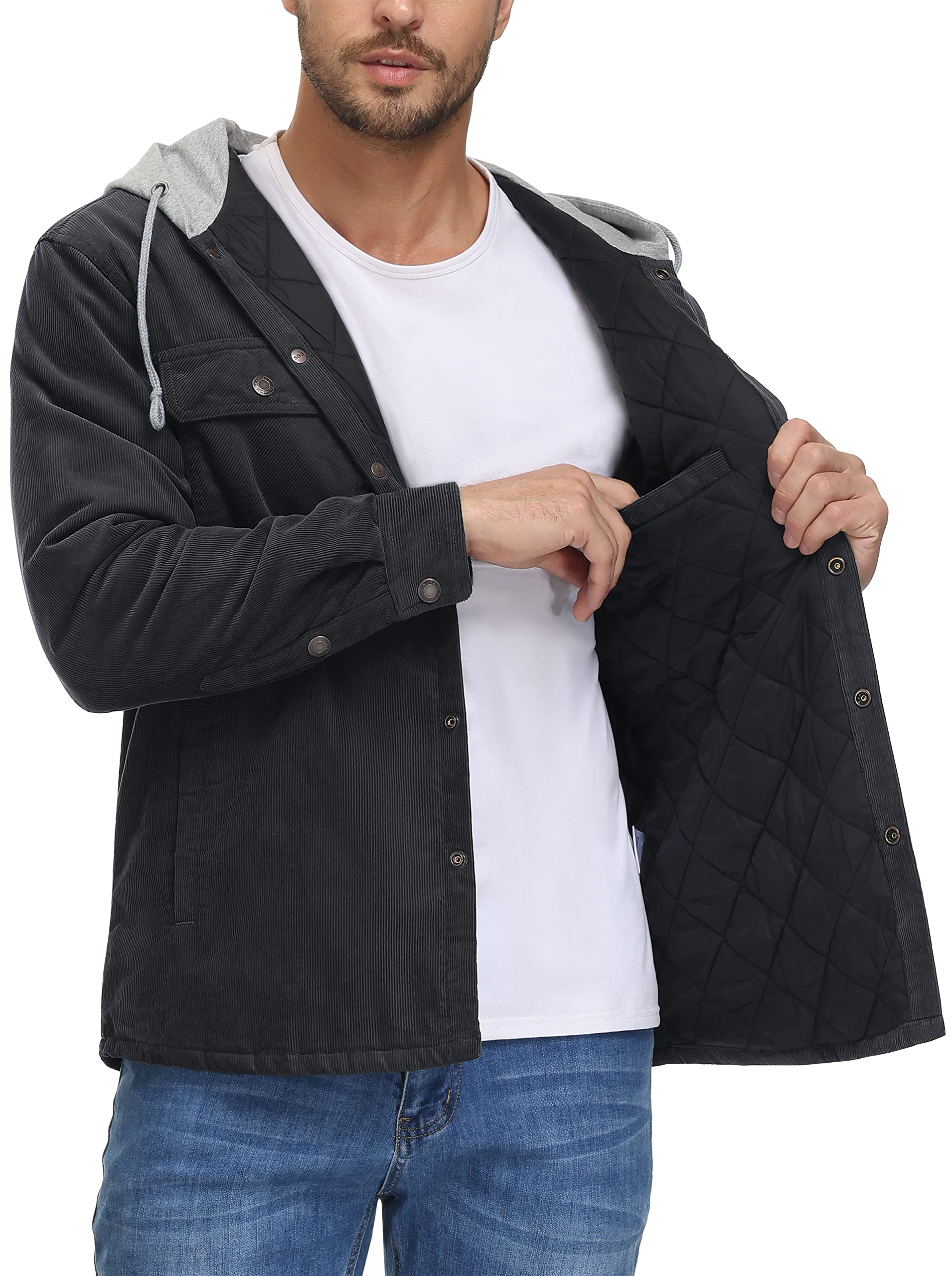 MAGCOMSEN Men's Corduroy Jacket Hoodies Quilted Lined Button-Down Casual Shirt Jackets Cotton Warm Winter Coat 5 Pockets