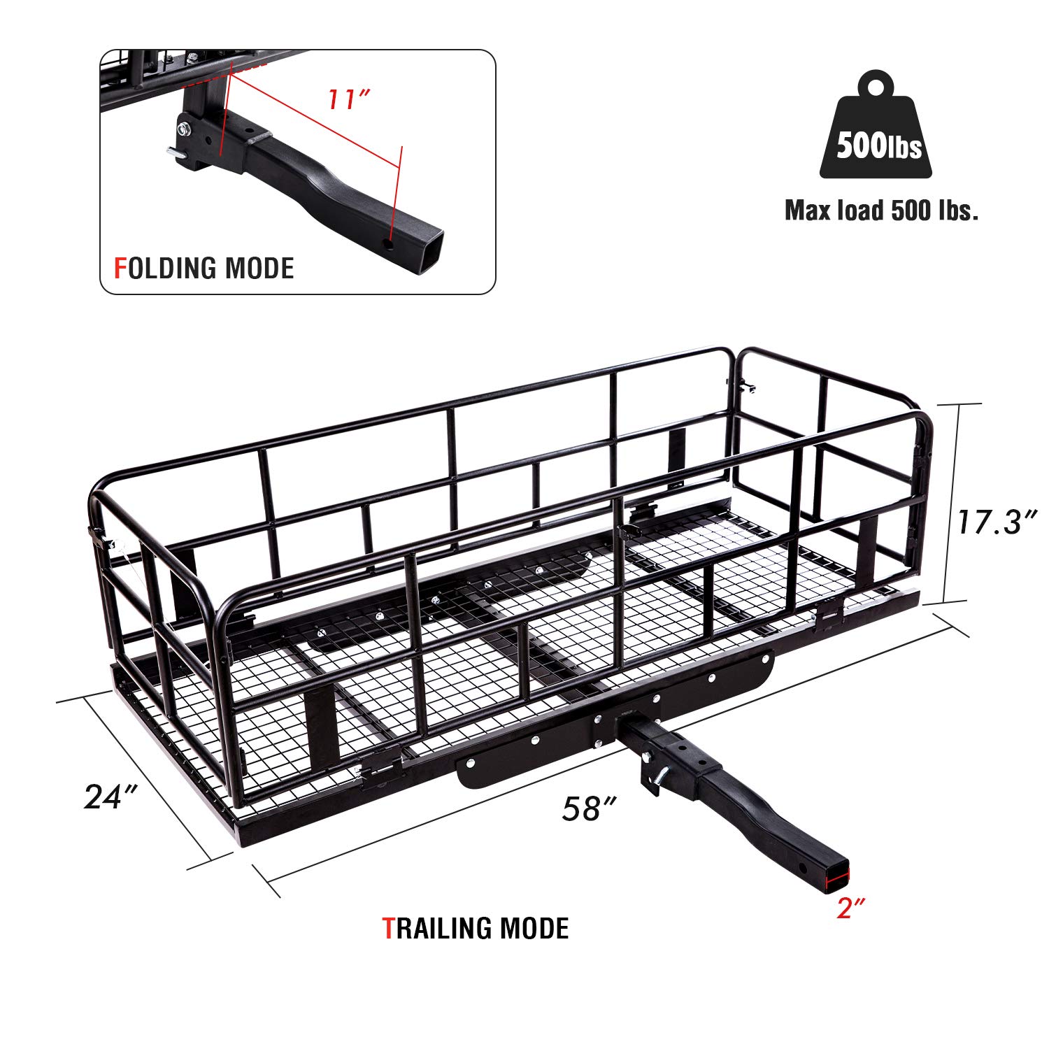 Hitch Mount Basket Foldable Storage Steel Cargo Carrier Rack, Fits 2 Trailer Mounted Hitches- USPTO Patent Pending