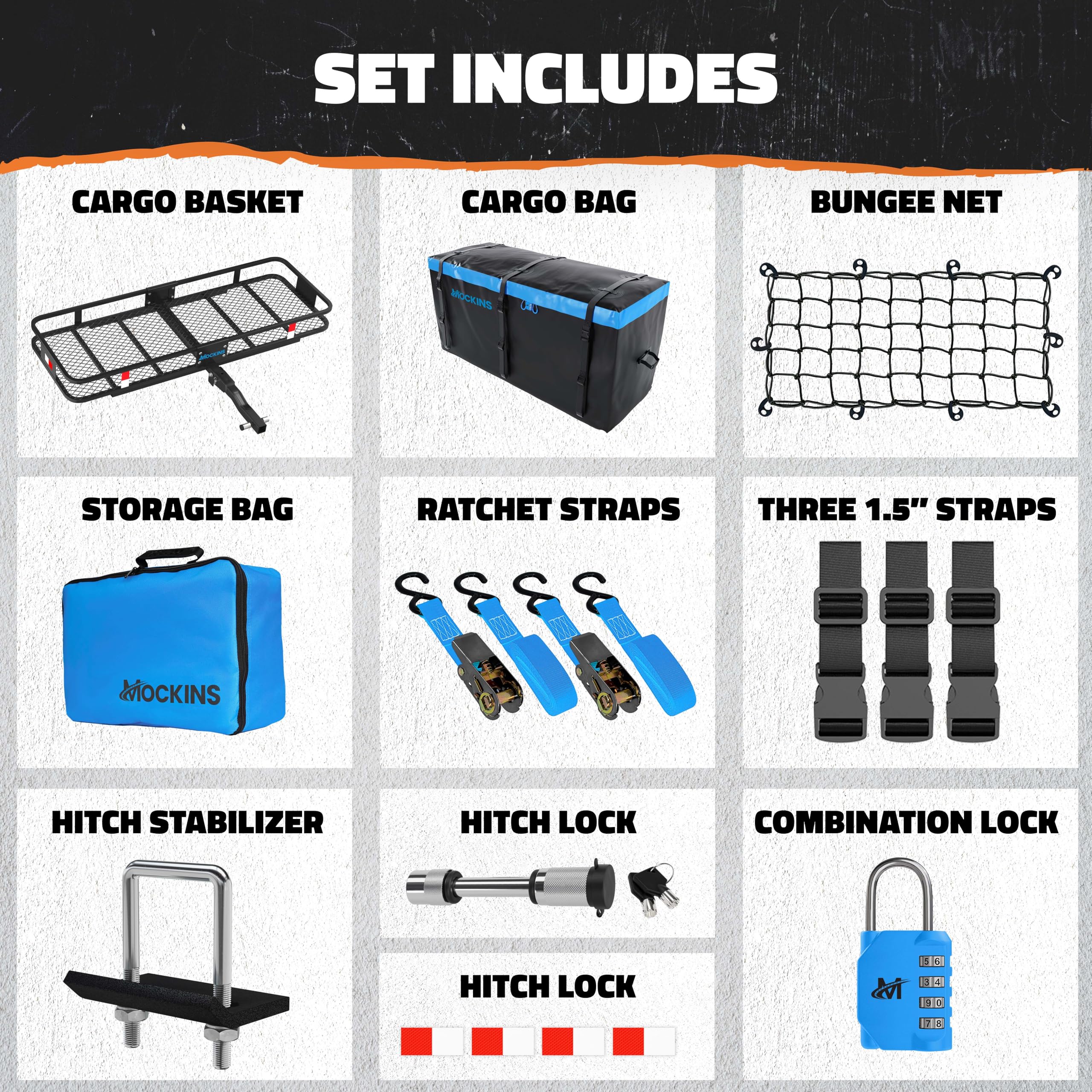 Mockins 60"x24"x6" Folding Trailer Hitch Cargo Carrier w/ 25 CuFt. Soft Vinyl Waterproof Cargo Bag | 500 Lbs. Capacity Car Carrier Cargo Rack & Car Bag Set | Waterproof Truck Bed Storage Accessories