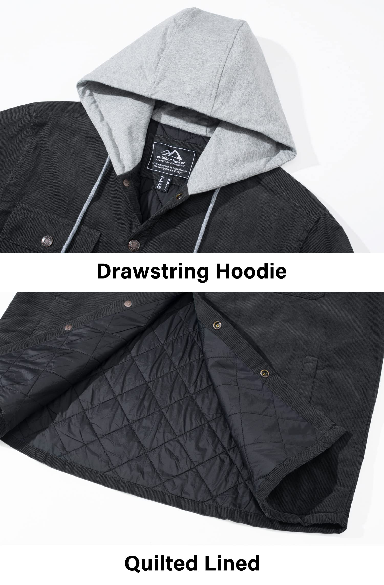MAGCOMSEN Men's Corduroy Jacket Hoodies Quilted Lined Button-Down Casual Shirt Jackets Cotton Warm Winter Coat 5 Pockets
