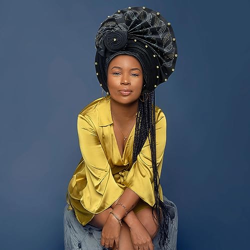 Nigerian Headtie African Head Wraps Already Made Auto Gele African Turban Cap For Party (Black)