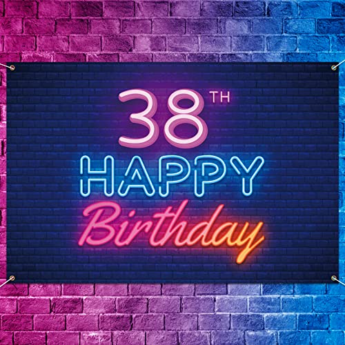 Glow Neon Happy 38th Birthday Backdrop Banner Decor Black – Colorful Glowing 38 Years Old Birthday Party Theme Decorations for Men Women Supplies
