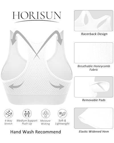 HORISUN Womens Racerback Sports Bra Seamless Wireless Workout Yoga Bras(White XL)