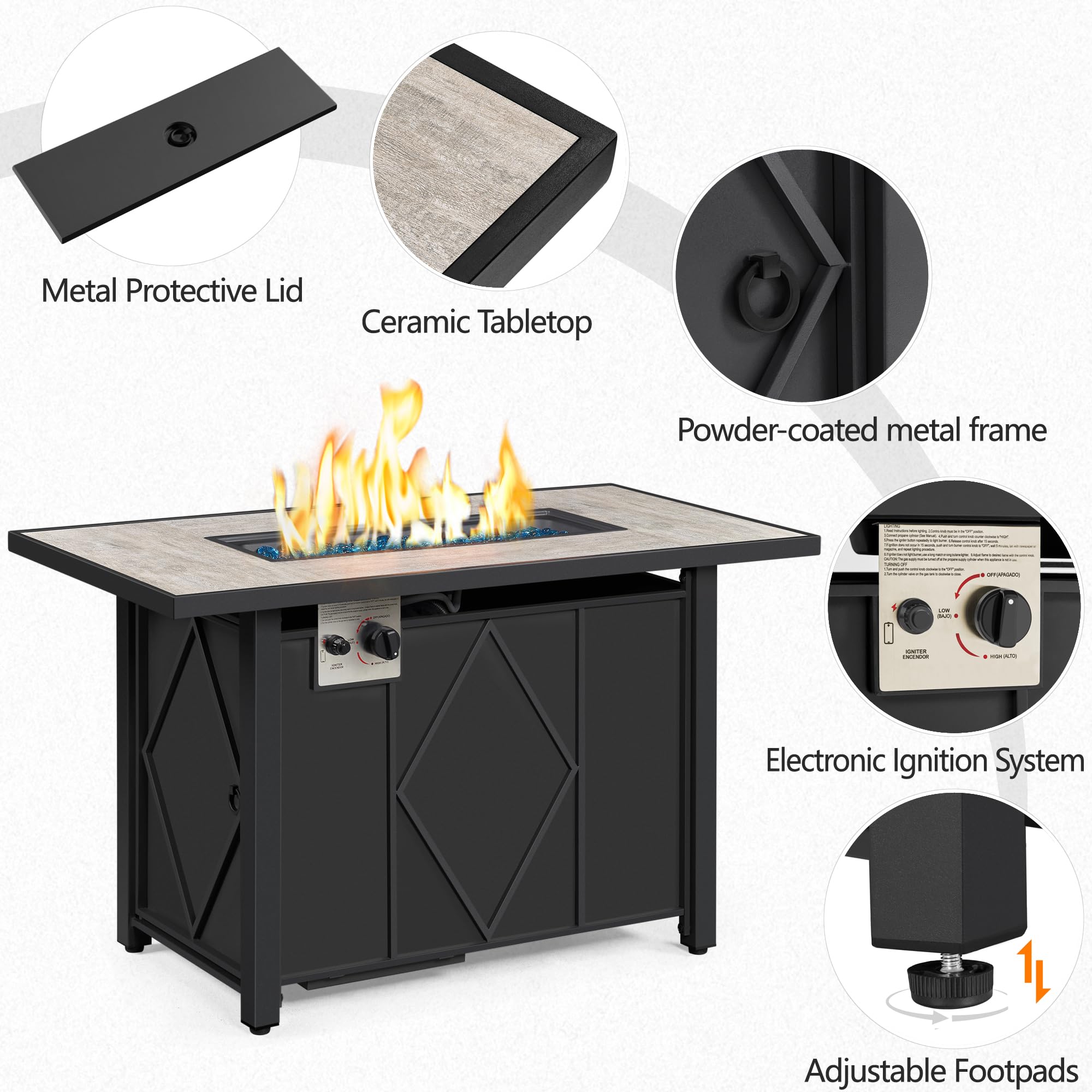 Yaheetech Propane Fire Pit 43in, Rectangle Propane Fire Pit Table 50,000 BTU Firepit with Ceramic Tabletop & Steel Base, Glass Fire Stones & Water-Resistant Cover for Outside