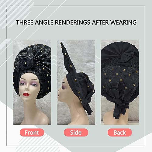 Nigerian Headtie African Head Wraps Already Made Auto Gele African Turban Cap For Party (Black)