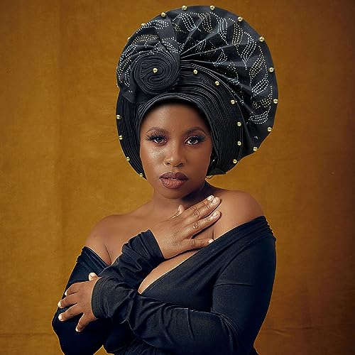 Nigerian Headtie African Head Wraps Already Made Auto Gele African Turban Cap For Party (Black)
