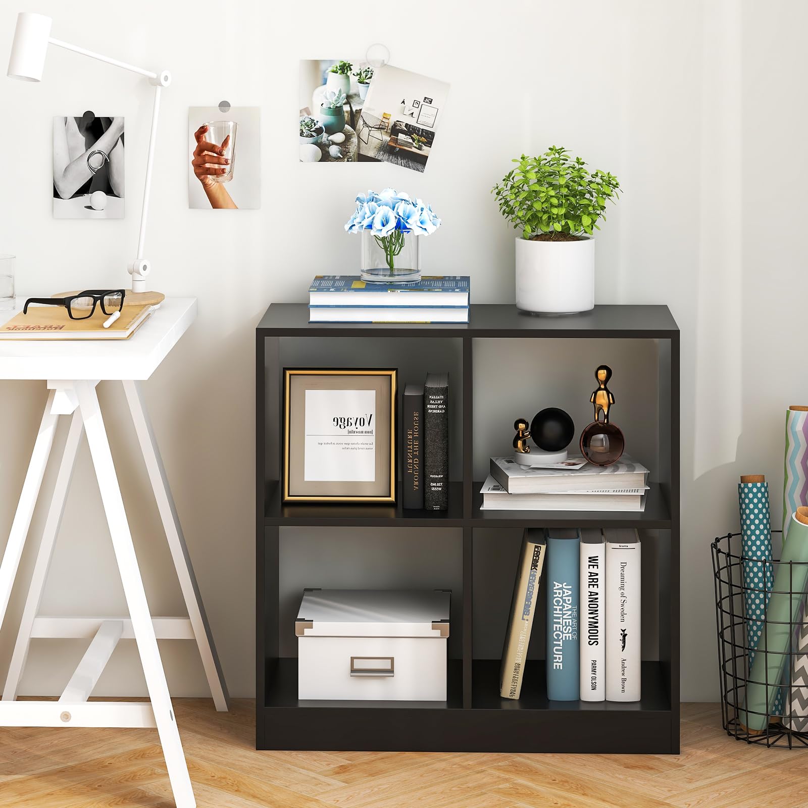 Giantex 4-Cube Bookcase Black - 2-Tier Freestanding Open Bookshelf with Anti-Toppling Device, Wooden Decorative Storage Organizer, Modern Floor Display Shelf for Kid's Room Study Bedroom Living Room