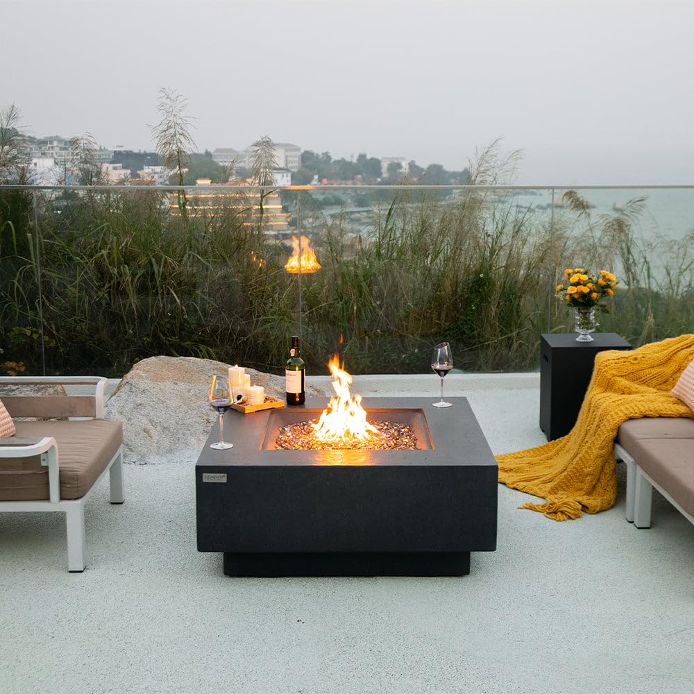 Bergen Concrete Fire Pit 40" x 40" Outdoor Patio Firepit Includes Fire Glass Modern Fire Pits & Outdoor Fireplaces for Garden, Deck, Indoor & Outdoor Heating