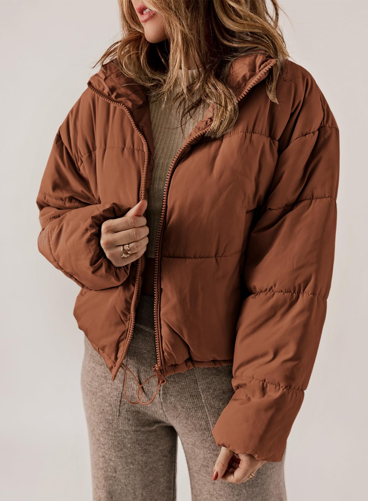 Dokotoo Womens Winter Coats Windbreaker Oversized Full Zipper Front Drawstring Hem Bomber Puffer Jacket Baggy Short Down Coats for Women Warm Comfy Outerwear with Pockets Small Orange