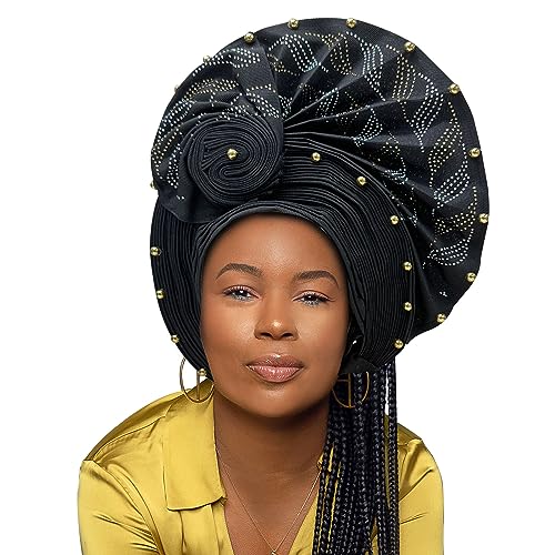 Nigerian Headtie African Head Wraps Already Made Auto Gele African Turban Cap For Party (Black)
