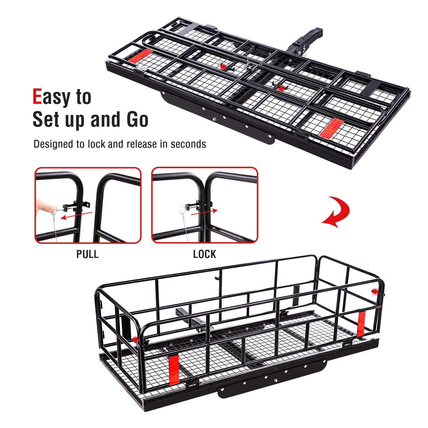 Hitch Mount Basket Foldable Storage Steel Cargo Carrier Rack, Fits 2 Trailer Mounted Hitches- USPTO Patent Pending